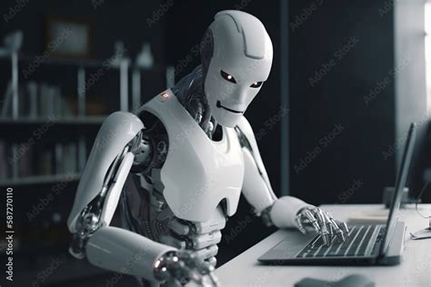 Humanoid Robot Programming On A Laptop Artificial Intelligence Replaces Human Employees Concept