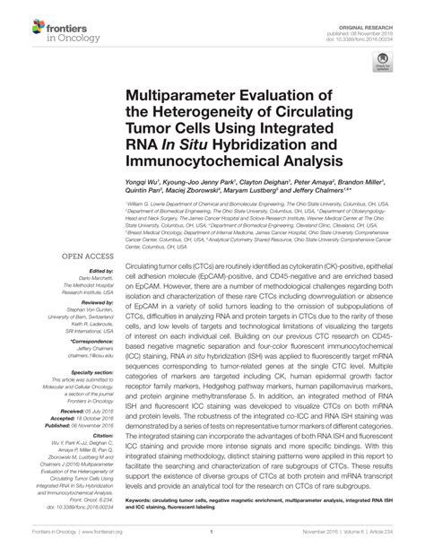 Pdf Multiparameter Evaluation Of The Heterogeneity Of Circulating Tumor Cells Using Integrated