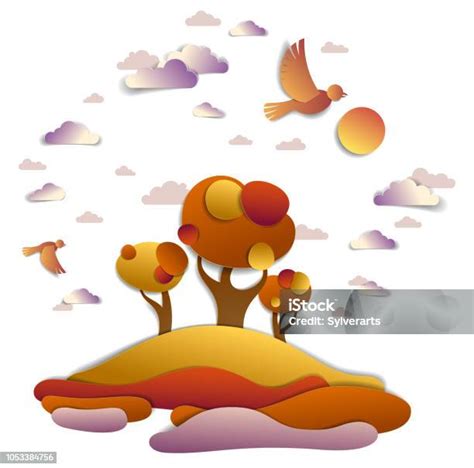 풀밭과 나무 새와 태양 흐린 하늘의 경치가 풍경이을 필드 고 초원 벡터 그림 종이 컷된 아이 스타일 시골 여행 및 관광에가 0