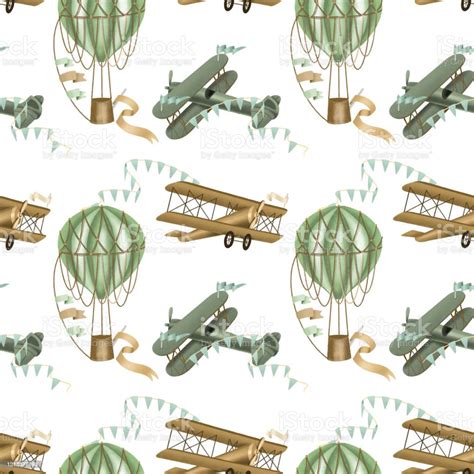 흰색 배경에 손으로 그린 축제 열기구와 복고풍 비행기와 원활한 패턴 비행기에 대한 스톡 벡터 아트 및 기타 이미지 비행기 수채화 패턴 Istock