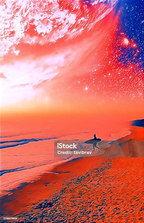 수직 책 표지 디자인 템플릿입니다 외계인 행성의 해변에서 걷는 서퍼 실루엣의 판타지 풍경 디지털 일러스트레이션 Nasa에 의해 제공이 이미지의 요소 가공의 행성에 대한 스톡