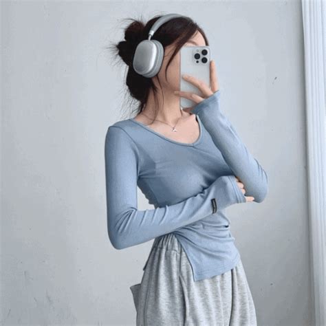 [모달38 부들촉감 핏예쁜] 무지 옆트임 브이넥 모달 라벨 부드러운 긴팔 티셔츠 에이블리