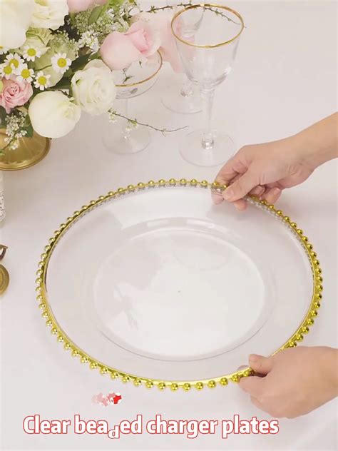 Acrylic Gold Beaded Clear Charger Plates 13 Bulk Wedding Set Round