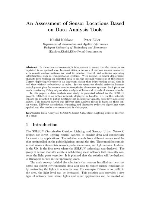 Pdf An Assessment Of Sensor Locations Based On Data Analysis Tools