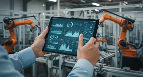 Smart Factory Industrial Automation And Robotics Data Monitoring On Tablet Stock Illustration