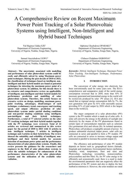 A Comprehensive Review On Recent Mppt Of A Solar Pv Systems Using Intelligent Non Intelligent