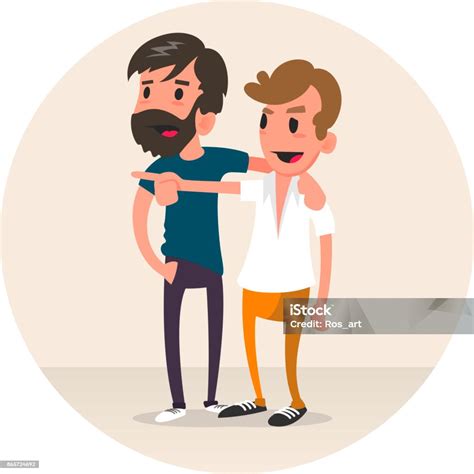 젊은 남자는 그의 친구에 게 뭔가 보여주는 벡터 평면 디자인 일러스트 레이 션 공부에 대한 스톡 벡터 아트 및 기타 이미지 공부 공유 개념 교육 Istock