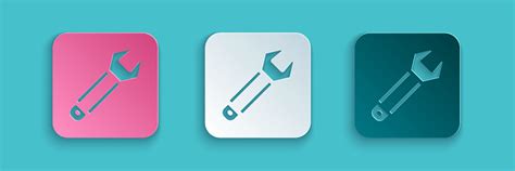 종이 컷 렌치 스패너 아이콘은 파란색 배경에 분리되어 있습니다 스패너 수리 도구 서비스 툴 기호입니다 종이 아트 스타일 벡터 3차원 형태에 대한 스톡 벡터 아트 및 기타