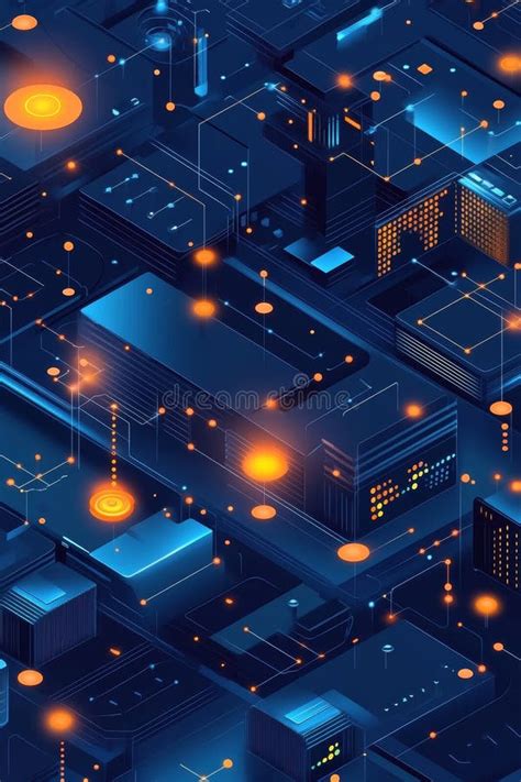 Isometric Digital Network Design With Big Data Visualization In Abstract Urban Environment Stock