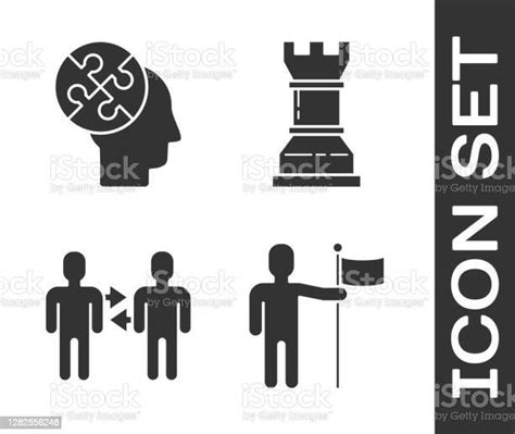 플래그를 들고 사람을 설정 인간의 머리 퍼즐 전략 프로젝트 팀 베이스와 비즈니스 전략 아이콘 벡터 개념에 대한 스톡 벡터 아트