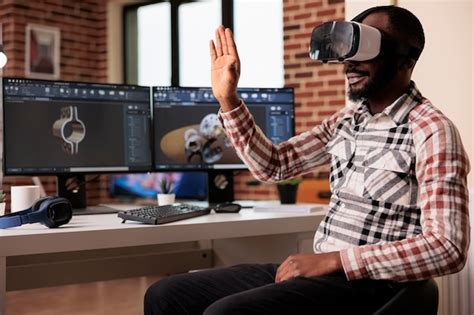 premium photo engineer with vr goggles developing industrial product on manufacturing cad