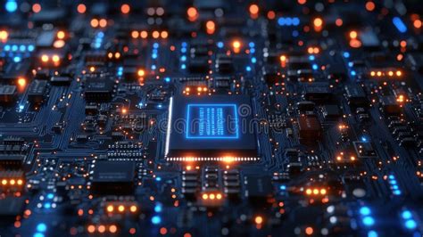 High Tech Circuit Board With Glowing Blue And Orange Lights Intricate Design Stock Illustration