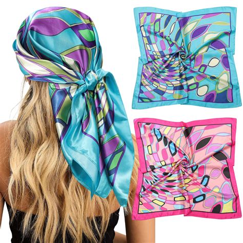 Awaytr 35” Large Satin Square Head Scarf 2pcs Silk Floral Head