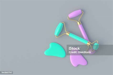 얼굴 마사지 롤러와 괄사 돌 얼굴과 웰빙을 들어 올리십시오 화장품 액세서리 얼굴 피부 관리 공간을 복사합니다 평면도 3d 렌더링 3차원 형태에 대한 스톡 사진 및 기타