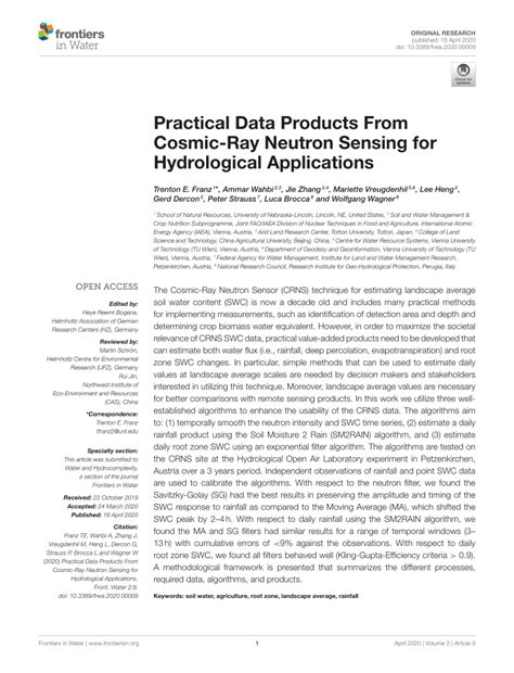 Pdf Practical Data Products From Cosmic Ray Neutron Sensing For Hydrological Applications