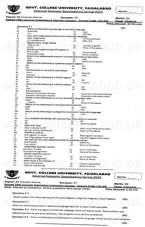 Csi 406 Computer Organization And Assembly Language Bscs Gcuf Past Paper 2023