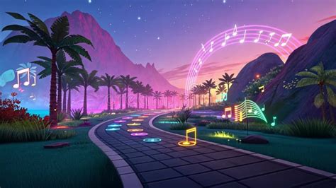 Synthwave Tropical Virtual Reality Landscape With Neon Musical Notes