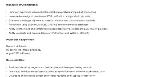 Resume Samples Biomedical Scientist Resume Sample