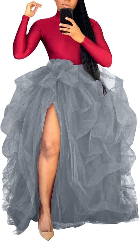 Generic Gray Women Ruffle High Cut Tulle Mesh Maxi Long Skort Skort