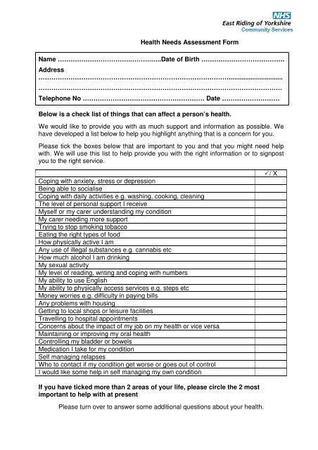 Health Needs Assessment Form Name