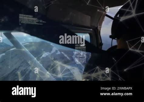 Pilot In Cockpit With Network Connections And Data Processing Animation