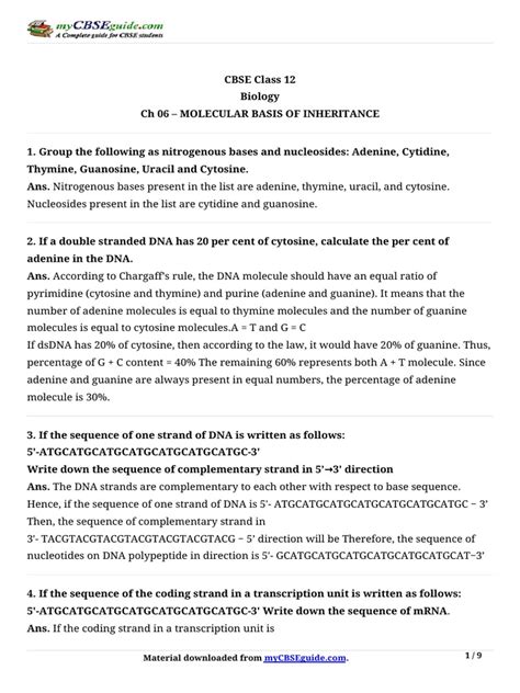 12 Science Ncert Ch06 Molecular Basis Of Inheritance Ques Pdf Translation Biology Operon