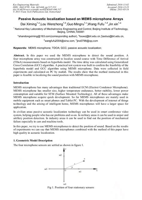 Passive Acoustic Localization Based On Mems Microphone Arrays Scientificnet