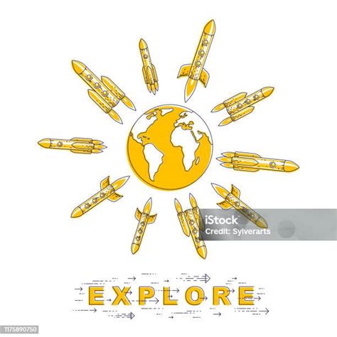 발견되지 않은 우주 탐사 과학 테마를 탐구하기 위해 다른 방향으로 지구 행성에서 우주로 비행 발사 로켓의 제비 흰색으로 격리된 가는 선 3d 벡터 그림입니다 미사일에 대한