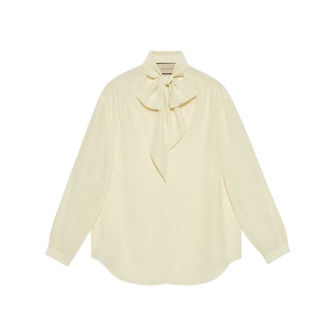 W 구찌 크레페 사틴 셔츠 넥 타이 아이보리 Gucci Kream