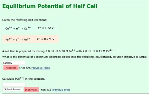 Solved Equilibrium Potential Of Half Cell Given The Chegg Com