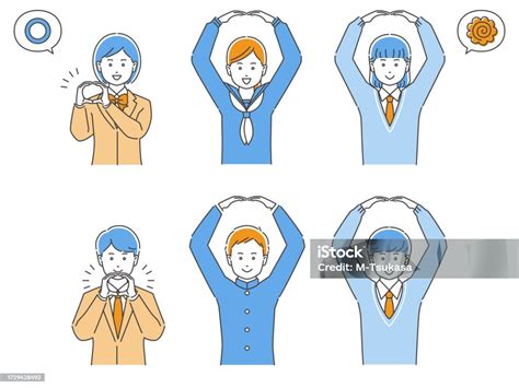 Ok 핸드 사인이 있는 교복을 입은 학생 남녀 상체 세트 3가지 색상 개체 그룹에 대한 스톡 벡터 아트 및 기타 이미지 개체 그룹 고등학교 교복 Istock