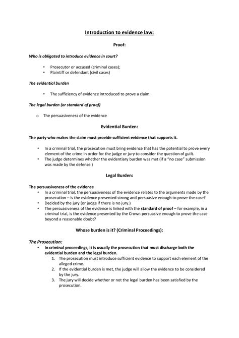 Introduction To Evidence Law Lecture Notes Law Docsity