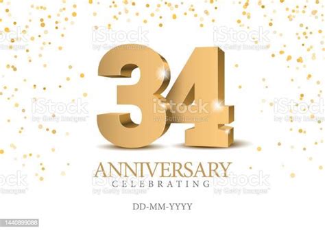 기념일 34 골드 3d 숫자 34주년 기념 행사 파티를 축하하기 위한 포스터 템플릿입니다 5월에 대한 스톡 벡터 아트 및 기타