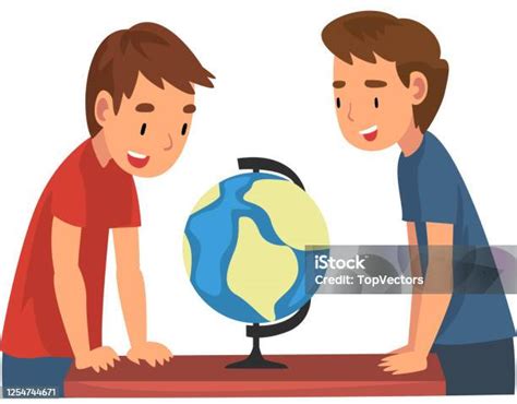 지리 학원에서 귀여운 남학생 집에서 공부하는 소년 흰색 배경에 홈 스쿨링 만화 벡터 일러스트 교육에 대한 스톡 벡터 아트 및