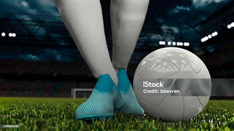 경기장 3d 렌더링에 흰색 축구 공을 베깅 서 파란색 아이젠 신발 축구 선수 3차원 형태에 대한 스톡 사진 및 기타 이미지 3차원 형태 결심 경기 스포츠 Istock