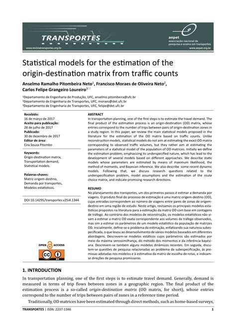 Pdf Statistical Models For The Estimation Of The Origin Destination Matrix From Traffic Counts