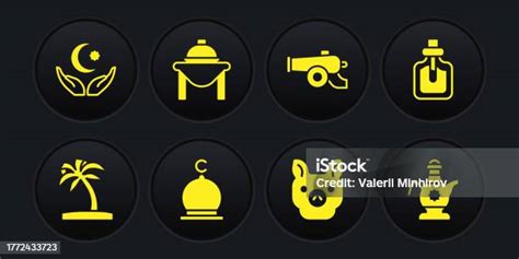 세트 열 대 야자수 향수 이슬람 사원 돼지 라마단 대포 테이블 음식 이슬람 찻주전자 별과 초승달 아이콘 벡터 0명에 대한 스톡 벡터 아트 및 기타 이미지 Istock