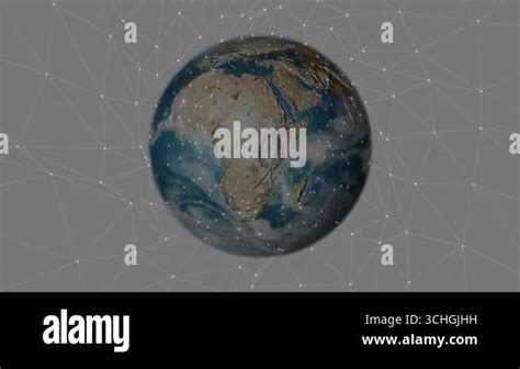 On Start 3d Earth Globe Fading And Rotating Eastward Over Network Grid To Illustrate Global