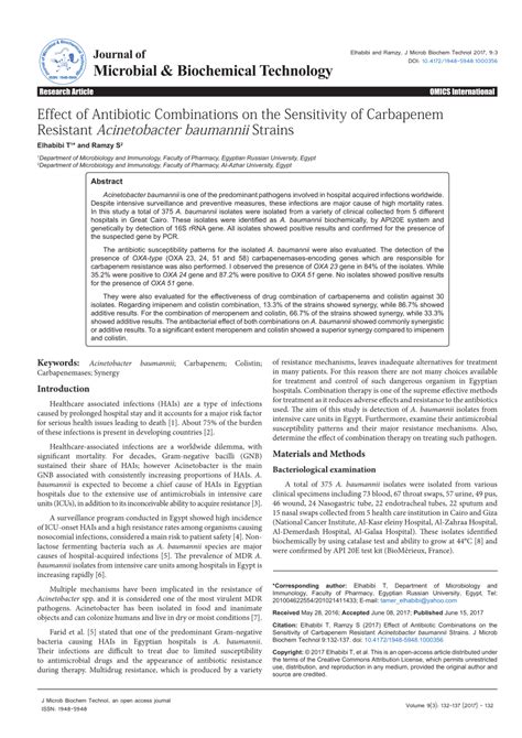 Pdf Effect Of Antibiotic Combinations On The Sensitivity Of Carbapenem Resistant Acinetobacter