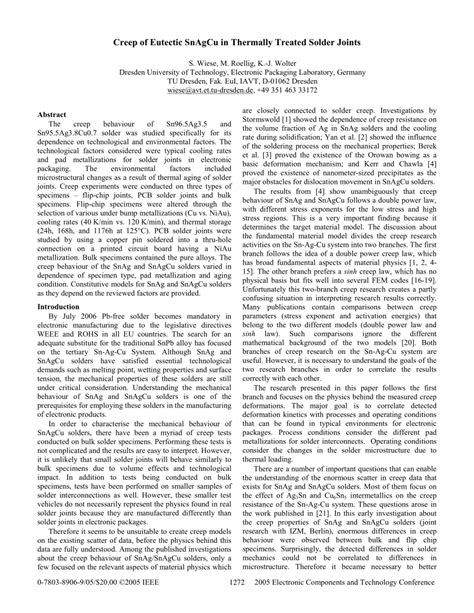 Pdf Creep Of Eutectic Snagcu In Thermally Treated Solder Joints