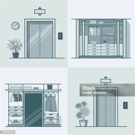 탈의실 옷장 인테리어 실내 엘리베이터 문 후 현관 복도 세트 리프트 선형 스트로크 윤곽선 평면 스타일 벡터 아이콘입니다 흑백 아이콘 컬렉션입니다 0명에 대한 스톡 벡터 아트