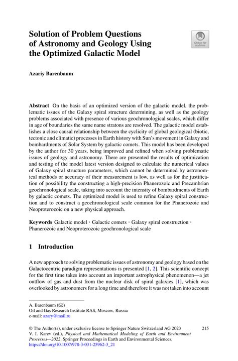 PDF Solution Of Problem Questions Of Astronomy And Geology Using The Optimized Galactic Model
