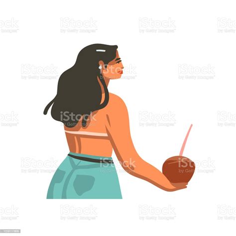 손으로 그린 벡터 추상 적 스톡 그래픽 여름 시간 일러스트 와 젊은 미소 여성 흰색 배경에 고립 된 코코넛 칵테일을 들고 과일에 대한 스톡 벡터 아트 및 기타 이미지