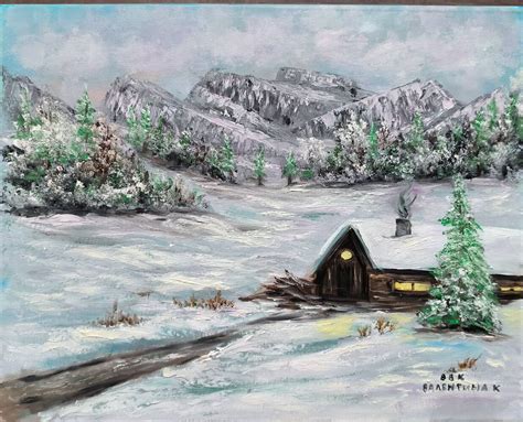 Зима в планината маслена картина Картина с маслени бои 60 Cm 50 Cm Платно канава Валенти