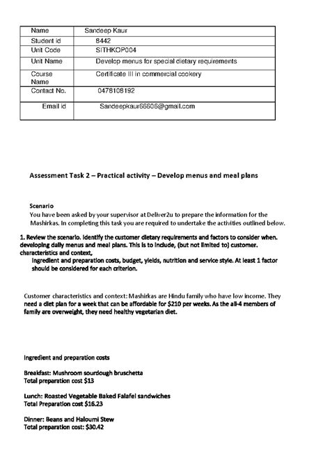 Menu Planning Assignment Assessment Task 2 Practical Activity
