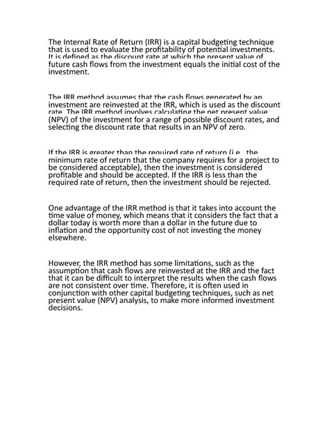 Internal Rate Of Return Method The Internal Rate Of Return IRR Is A Capital Budgeting