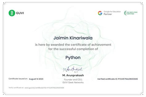 Jaimin Kinariwala On Linkedin Python Certificationachieved Guvi Pythonprogramming