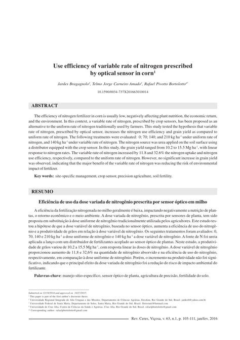 Pdf Use Efficiency Of Variable Rate Of Nitrogen Prescribed By Optical Sensor In Corn