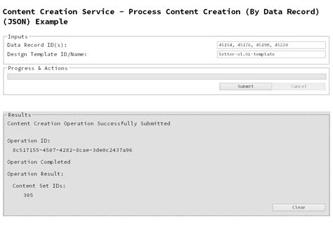 Running A Content Creation Operation For Print By Data Record Using Json