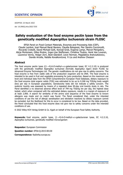Pdf Safety Evaluation Of The Food Enzyme Pectin Lyase From The Genetically Modified